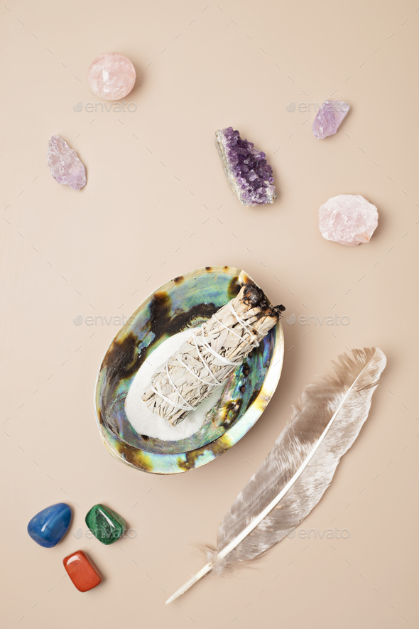 Smudge kit with white sage stick, abalone sea shell. Natural elements ...