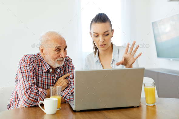 laptop senior man daughter granddaughter computer learning help ...