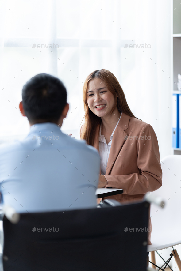 Business woman talk with male job applicant at interview. Stock Photo ...