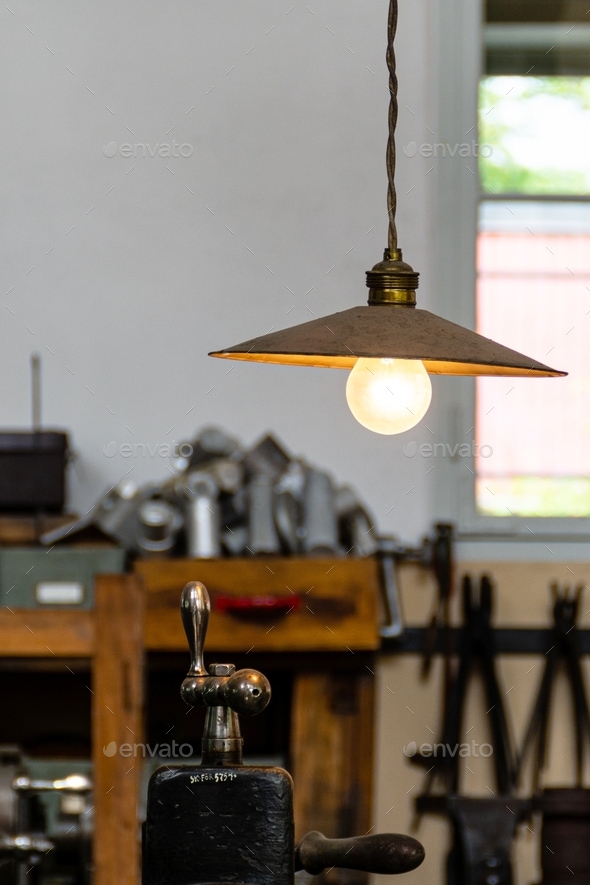 Ceiling fixture in the industrial factory with old machinery Stock ...