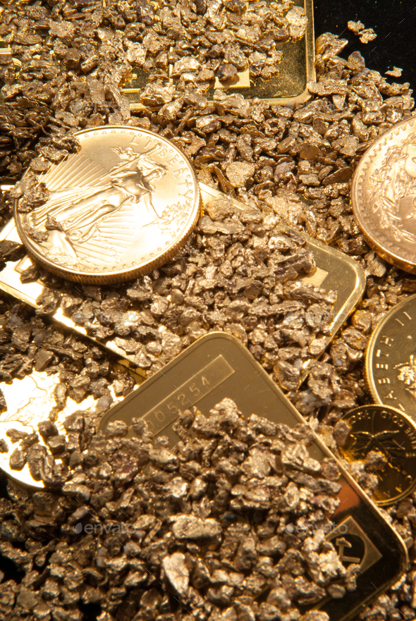 gold in coins, nuggets and ingots Stock Photo by wirestock | PhotoDune