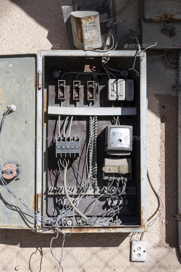 Detail of an abandoned electrical box for fuses and connections Stock ...