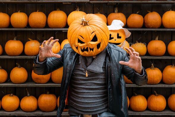Male wearing pumpkin on head in background of pumpkins Stock Photo by ...