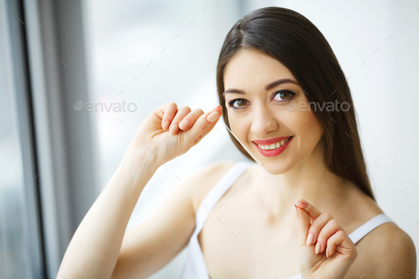 Dental Health. Woman With Beautiful Smile Flossing Healthy Teeth. High ...