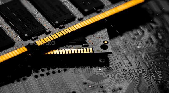 Macro Close up of computer RAM chip and motherboard Stock Photo by ...