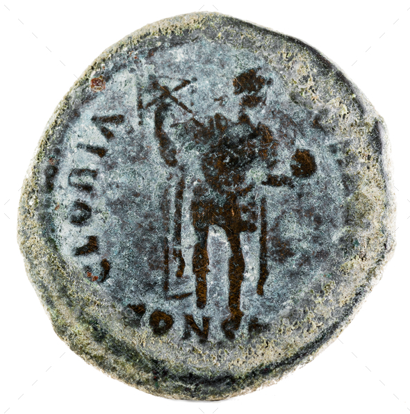 Ancient Roman copper coin of Emperor Arcadius isolated on a white ...