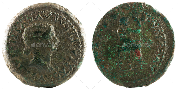 Ancient Roman bronze coin of Emperor Tiberius, Livia, minted in Emerita ...