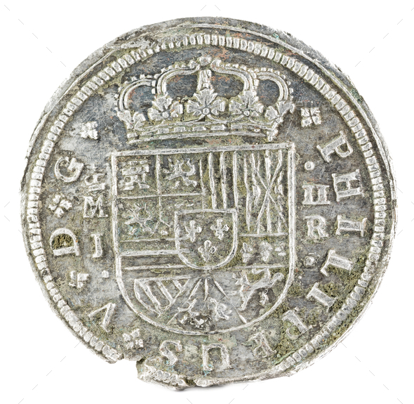 Ancient Spanish silver coin of King Felipe V isolated on a white ...
