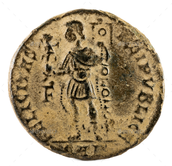 Ancient Roman copper coin of Emperor Magnentius. Stock Photo by wirestock