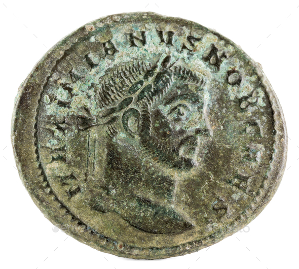 Acient Roman copper coin of Galerius Maximianus. Stock Photo by wirestock