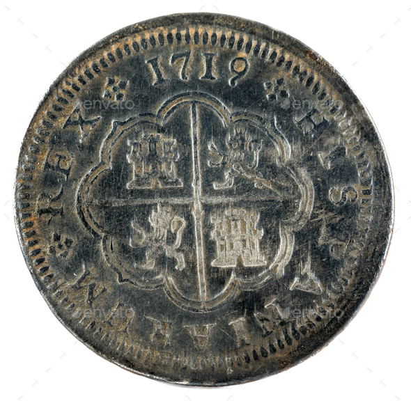 Ancient Spanish silver coin of the King Felipe V isolated on a white ...