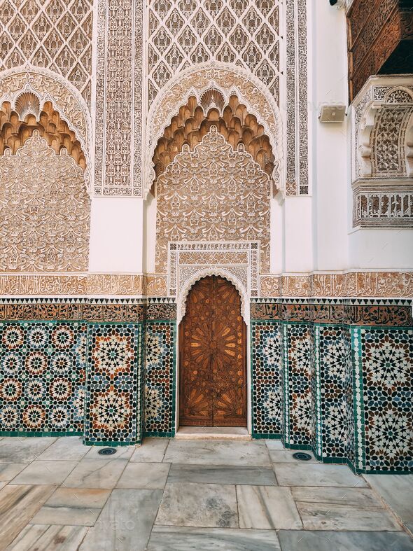 Vertical shot of the traditional architecture in the Ibn Youssef School ...