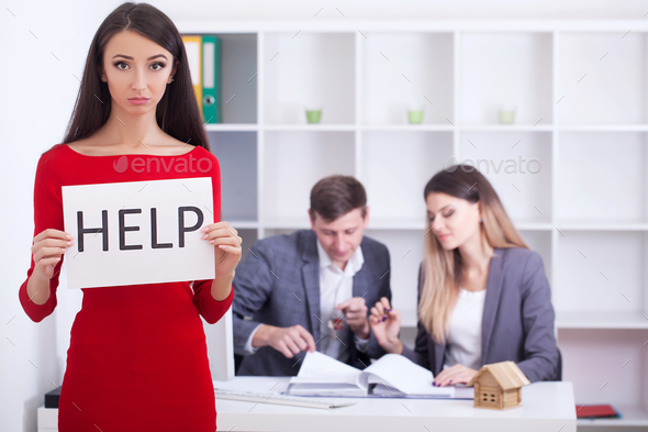 Stress woman in bad financial situation asking for help Stock Photo by ...