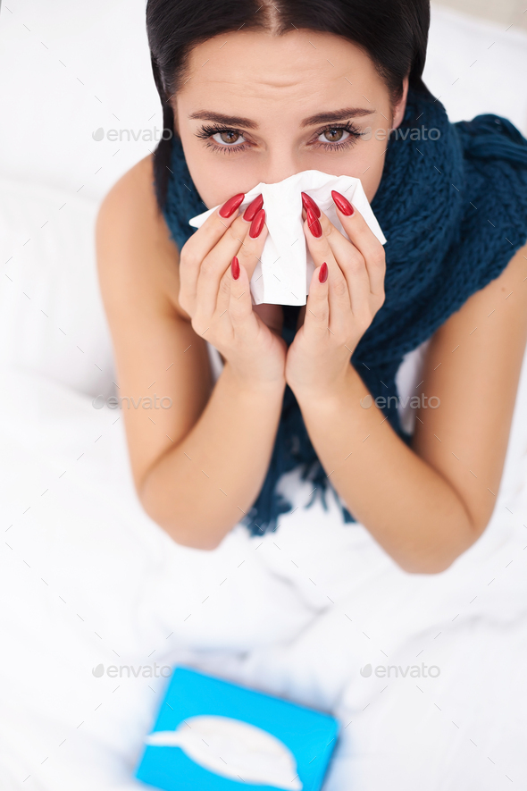 Sick Woman. Flu. Woman Caught Cold. Sneezing into Tissue Stock Photo by ...