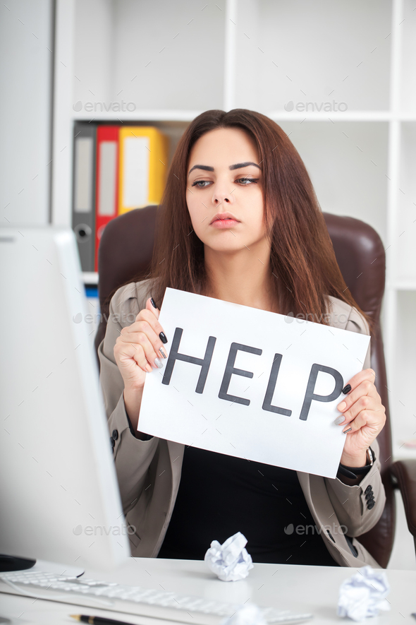 Stress. Unhappy Young Business woman, needs help to manage work. Stock ...