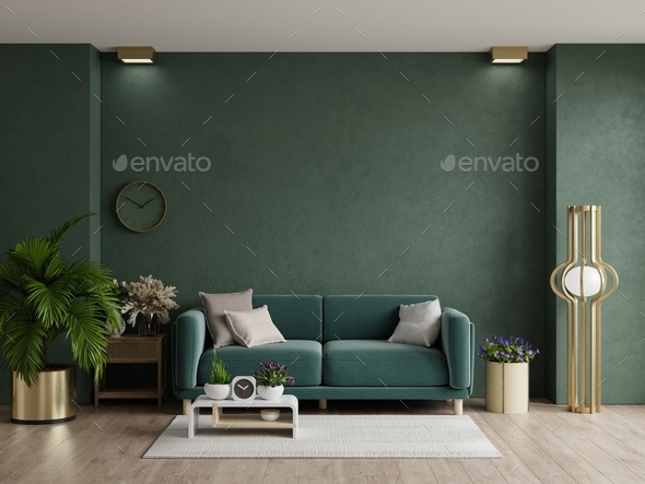 Cozy modern living room interior with green sofa and decoration room on empty dark green wall Stock Photo by vanitjan