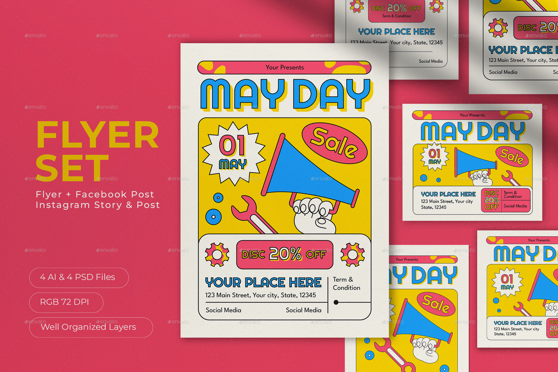 White Pop Art May Day Sale Flyer Set, Print Templates | GraphicRiver