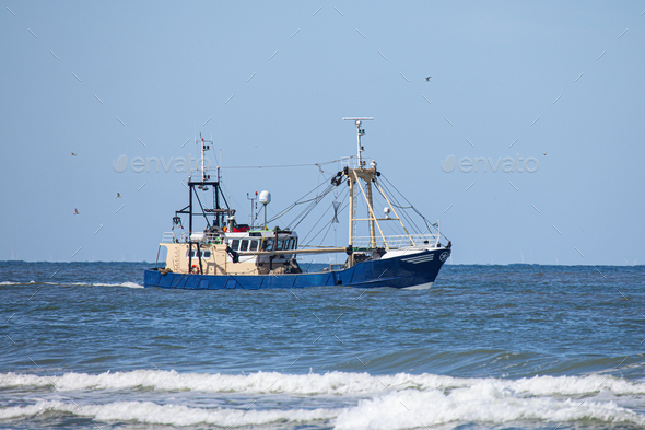 Sunny scenery of a big blue fishing vessel Stock Photo by wirestock