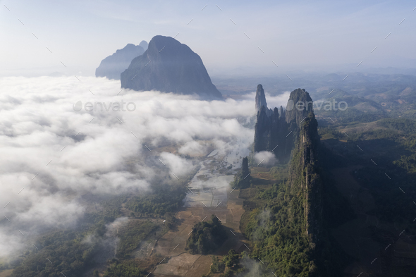 Top view Landscape of Morning Mist with Mountain Layer at Meuang Feuang ...