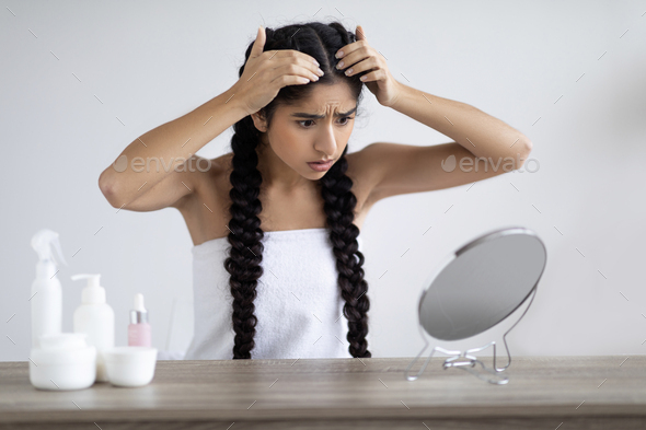Dandruff Problem. Upset Young Indian Woman Looking To Mirror At Her ...