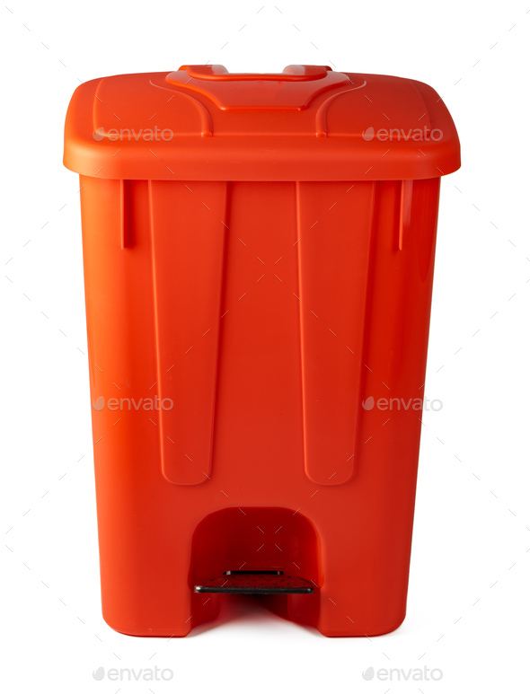 Orange plastic waste bin isolated on white Stock Photo by FabrikaPhoto
