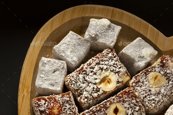 The traditional Turkish dessert Cezerye with hazelnuts. Lokum, Turkish ...