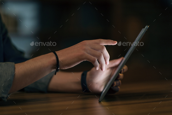 Male hands touching digital pad pc screen, using gadget at night Stock ...