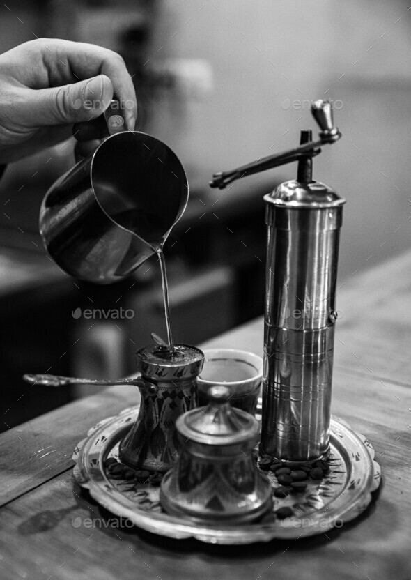 Grayscale of the Traditional Bosnian and Modern Coffee making process ...