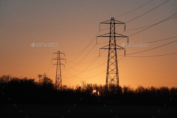 High voltage electrical tower with wiring on a beautiful sunset Stock ...
