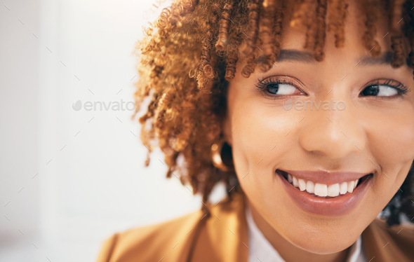 Corporate black woman, headshot and smile with beauty, vision or ideas ...