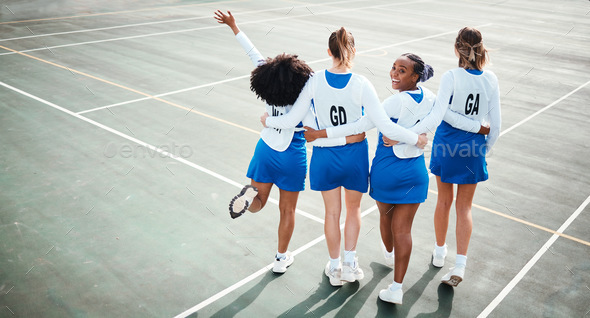 Netball team, sport on outdoor court and diversity, athlete group and ...