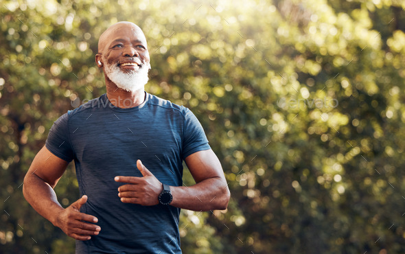 Happy black man running in park with music, smile and mockup in nature ...