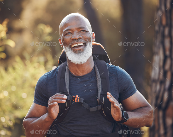 Senior black man hiking in nature for outdoor discovery, fitness ...