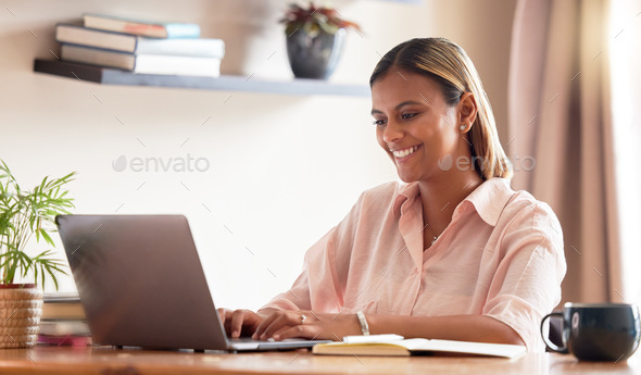 Computer, planning and black woman or student online course, e learning ...
