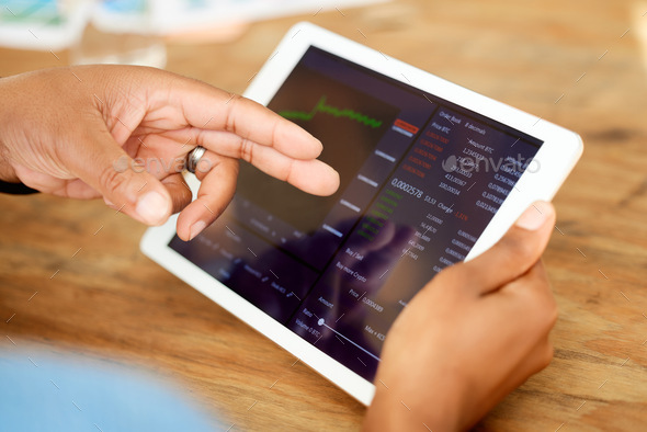 Stock market, investment and tablet with hands of person for chart ...