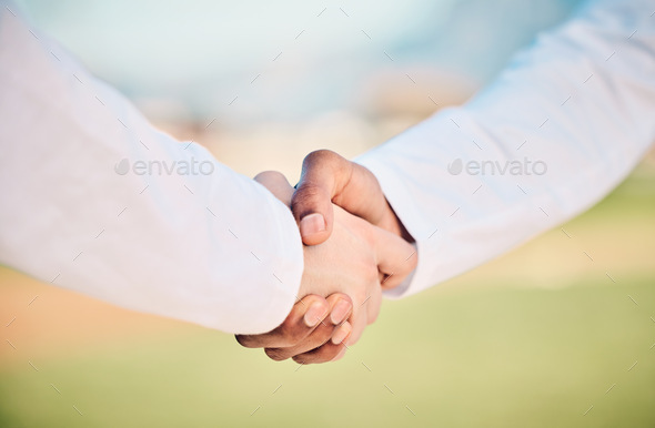 Handshake, fitness and outdoor showing team support, community and ...