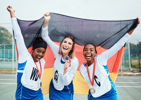 Netball winner portrait, flag or sports team celebration, excited or ...