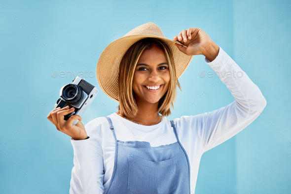 Happy, camera and photographer with portrait of woman for creative ...