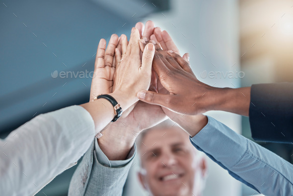 Business people, hands and high five in unity, partnership or ...
