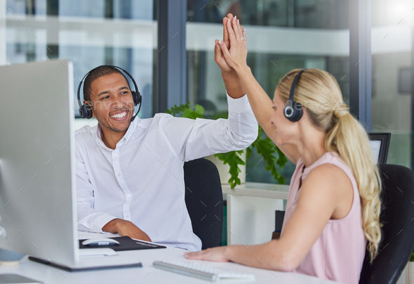 High five, call center and teamwork with people in office for deal ...