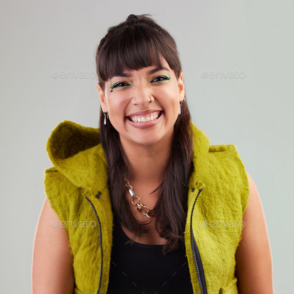 Woman, face and fashion with gen z and makeup, smile in portrait with ...