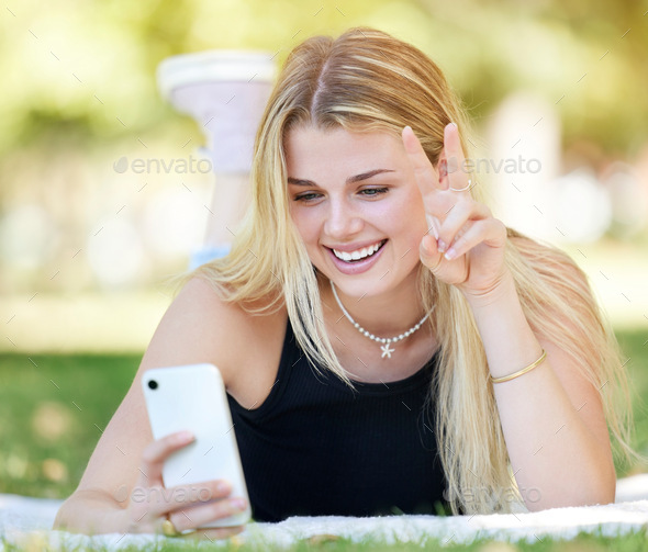 Relax, happy or girl for selfie in park with smile for online meme ...