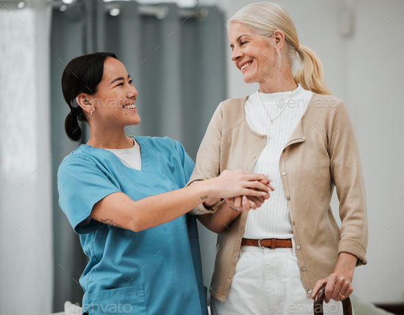Senior woman, support and walking stick with nurse holding hands for disability help or ...