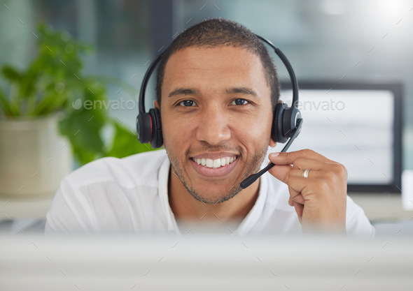 Black man, call center portrait and happy by computer for consulting ...