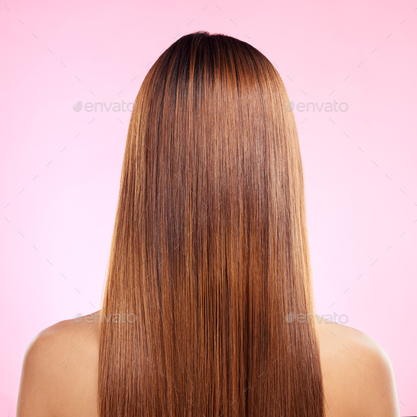 Beauty, hair and back of woman in studio for shampoo, keratin and salon ...