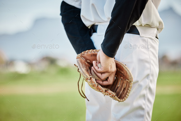 Hands, back view or baseball player training for a game or match on ...