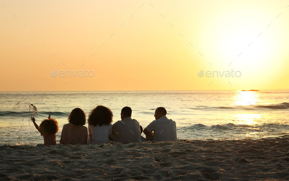 Big family, sunset view and back at beach, having fun and bonding on vacation outdoors mockup ...