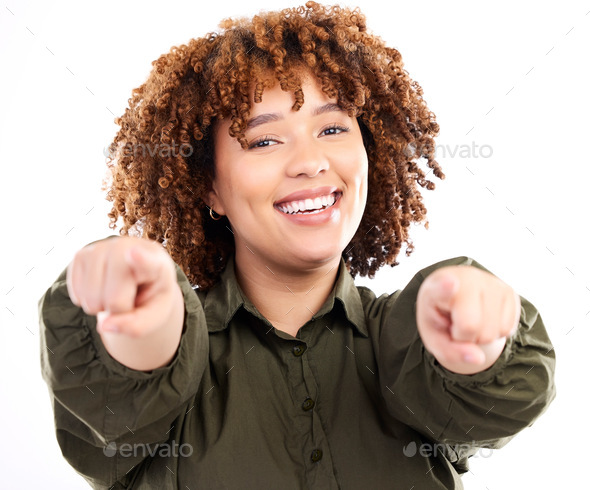 Portrait of black woman pointing you isolated on a white background to ...