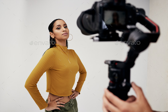 Photography, woman and cameraman or photographer with fashion model in ...