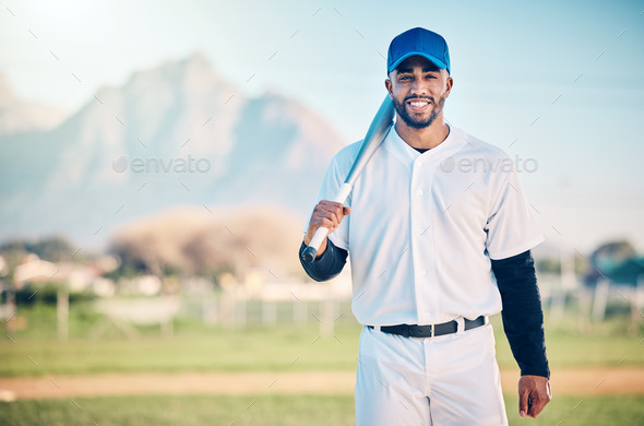 Portrait, fitness and man with a bat, baseball and happiness on field ...